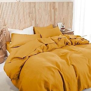L Linen World Linen Duvet Cover Set 100% Stone Washed French Flax Pure Linen Duvet Covers Cooling Duvet Cover Queen Size Linen Bedding Set 1 Linen Duvet Cover 2 Pillowcases (Yellow,Queen)