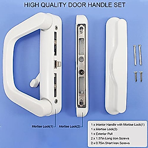 Sliding Patio Door Handle Set with Mortise Lock, Suitable for Sliding Glass Patio Door Thickness from 0.75in to 1.4in, 4-15/16" Screw Holes, Lock Outside, Reversible Design, Non-Keyed, White