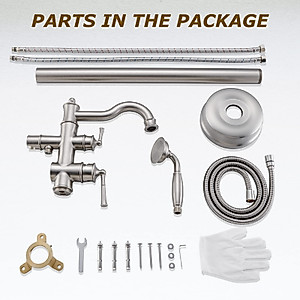 WINKEAR Freestanding Floor Mount Tub Filler with Handheld Shower Roman Bathtub Faucet by Brushed Nickel Finish, Swivel Spout with Brass Rough-in and Water Hose