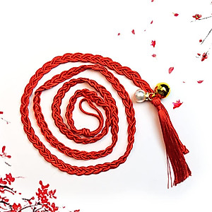 Thin Waist Rope Braid Belt Chain Exotic Women Waist Belt Rope Chain with Tassel Bead Bell Good Luck Belly Rope Bracelet, Red