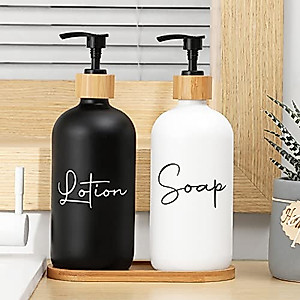17 oz Hand Soap Dispenser Empty Glass Lotion Pump Bottles, Refillable Liquid Dish Soap Bottles for Bathroom Decor, Kitchen Sink, Matte Design and Wood Tray, Pack of 4