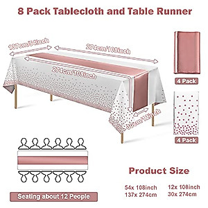 8Pack Disposable Plastic Tablecloths and Satin Table Runner Set White and Rose Gold Dot Tablecloth Rose Gold Satin Table Runner for Wedding Birthday Anniversary Christmas New Year Party Decorations