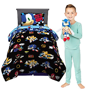 Franco Sonic The Hedgehog Anime Kids Bedding Twin/Full Comforter with Twin Sheet Set and Cuddle Pillow, 5 Piece Bedroom Set (Official Sega Licensed Product)