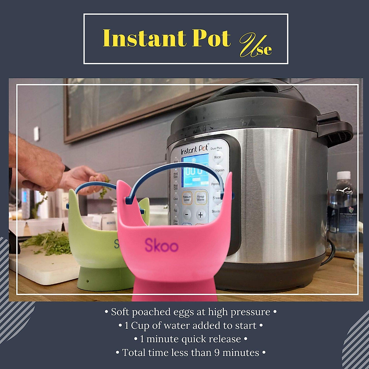 Egg Poacher - Skoo Silicone Egg Poaching Cups + Lids + Ebook - Egg Cooker Set - Perfect Poached Egg Maker - For Stove Top, Microwave and Instant Pot (Green, Red, Yellow, Turquoise, Dark Blue)