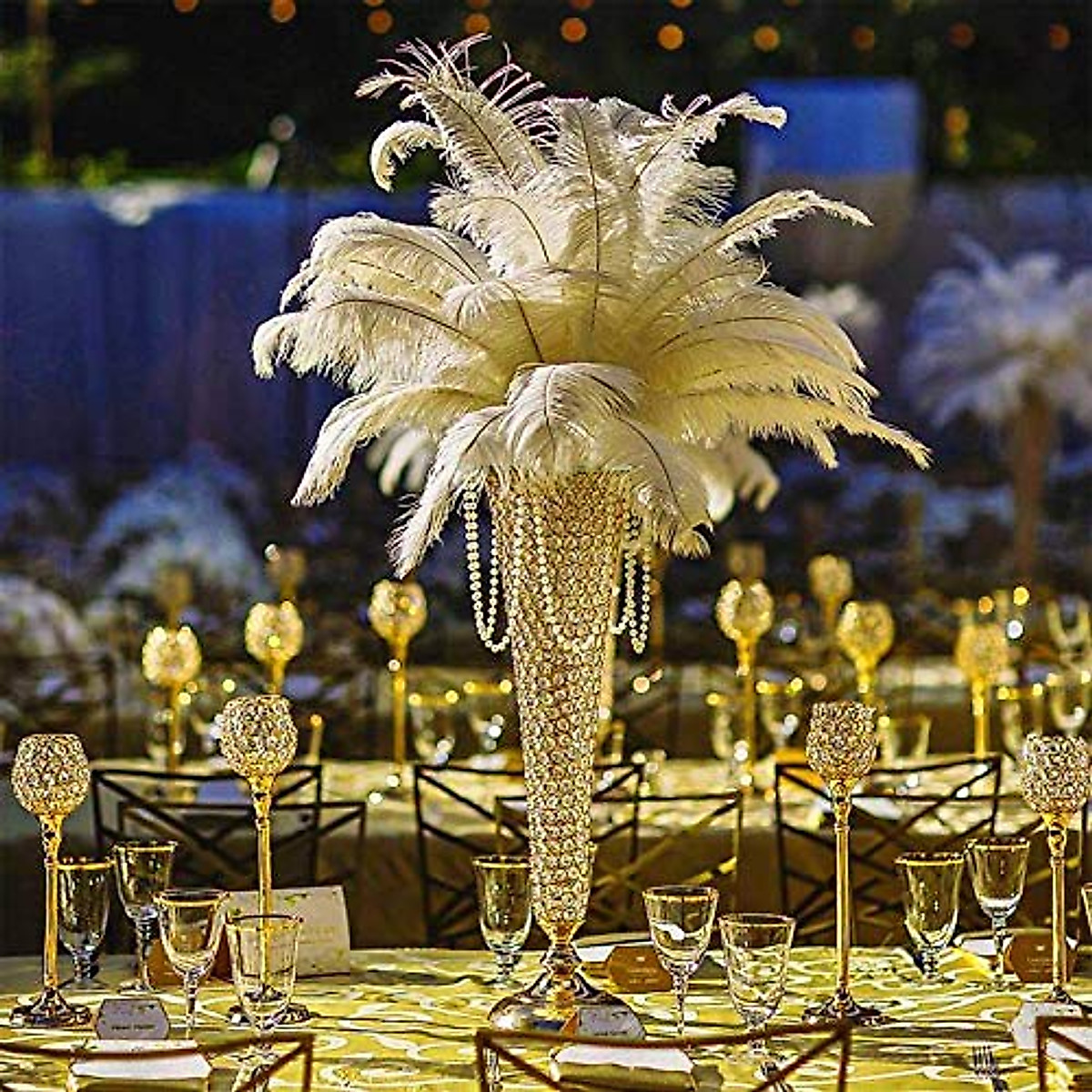 Tableclothsfactory Set of 2 Tall Gold Beaded Crystals Trumpet Floral Vase Wedding Centerpiece 23" Tall