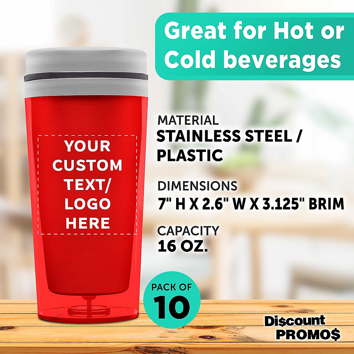 Custom Insulated Double Wall Travel Tumbler with Lid 16 oz. Set of 10, Personalized Bulk Pack - Perfect for Iced Coffee, Soda, Other Hot & Cold Beverages - Red