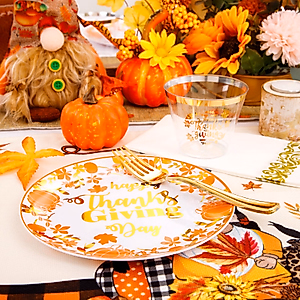 supernal 175pcs Thanksgiving Plastic Dinnerware Set,Gold Plastic Plates with Gold Plastic Silverware,Gold Thanksgiving Plastic Cups,Pumpkin and Maple Leaf Design for Thanksgiving Day Party