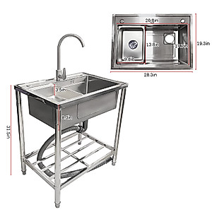 Outdoor Sink Single Bowl Free Standing Stainless Steel Sink Set with Faucet Drain Basket, Shelf, Kitchen Utility Sink for Restaurant, Bar, Laundry, Garage, Backyard, Camping 28.3"×19.3"×31.5"
