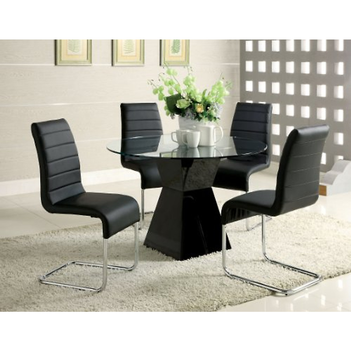 Furniture of America Ethervale Modern Round Dining Table with 12mm Tempered Glass Top, Black Finish