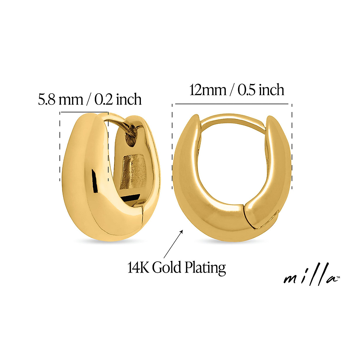 MILLA 14k Gold or Sterling Silver Hypoallergenic Huggie Earrings for Women - Y2K Preppy Lightweight Ear Huggers, 12mm