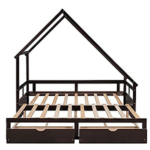 Extending Wood House Bed Daybed with Roof & 2 Drawers for Kids Teen Toddler, Convertible Sofa Bed Captains Bed Frame with Wooden Slats Support for Living Room, Can Convert From Twin To King (Espresso)