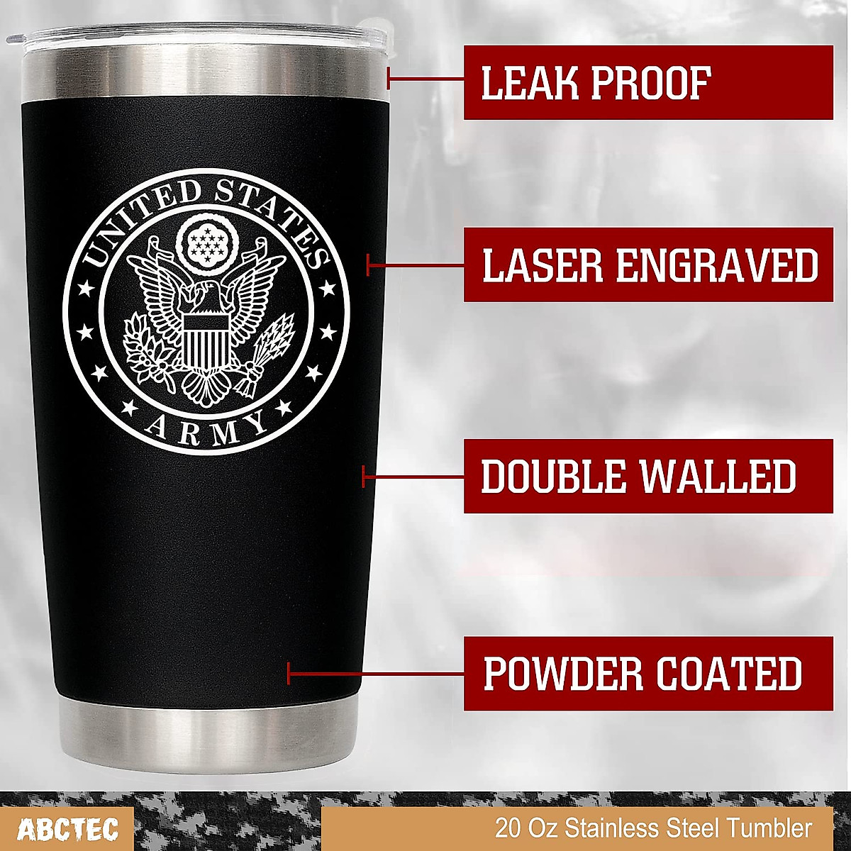 Abctec 20 oz US Army Black Double Wall Vacuum Insulated Stainless Steel Tumbler Travel Mug - Best Soldier Gifts for Women and Men, Gifts Present Ideas for Military Veteran