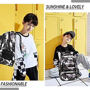 BLUEFAIRY Kids Backpack for Boys Elementary School Bags Primary Middle School Bookbags for Teens Back to School Gifts for Childs Mochila Escolares para Niños 17 Inch Aged 6-8 Camo Grey