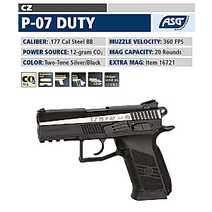 ASG CZ 75 P-07 Duty Two-Tone CO2 BB Gun Pistol .177 cal Steel, Blowback