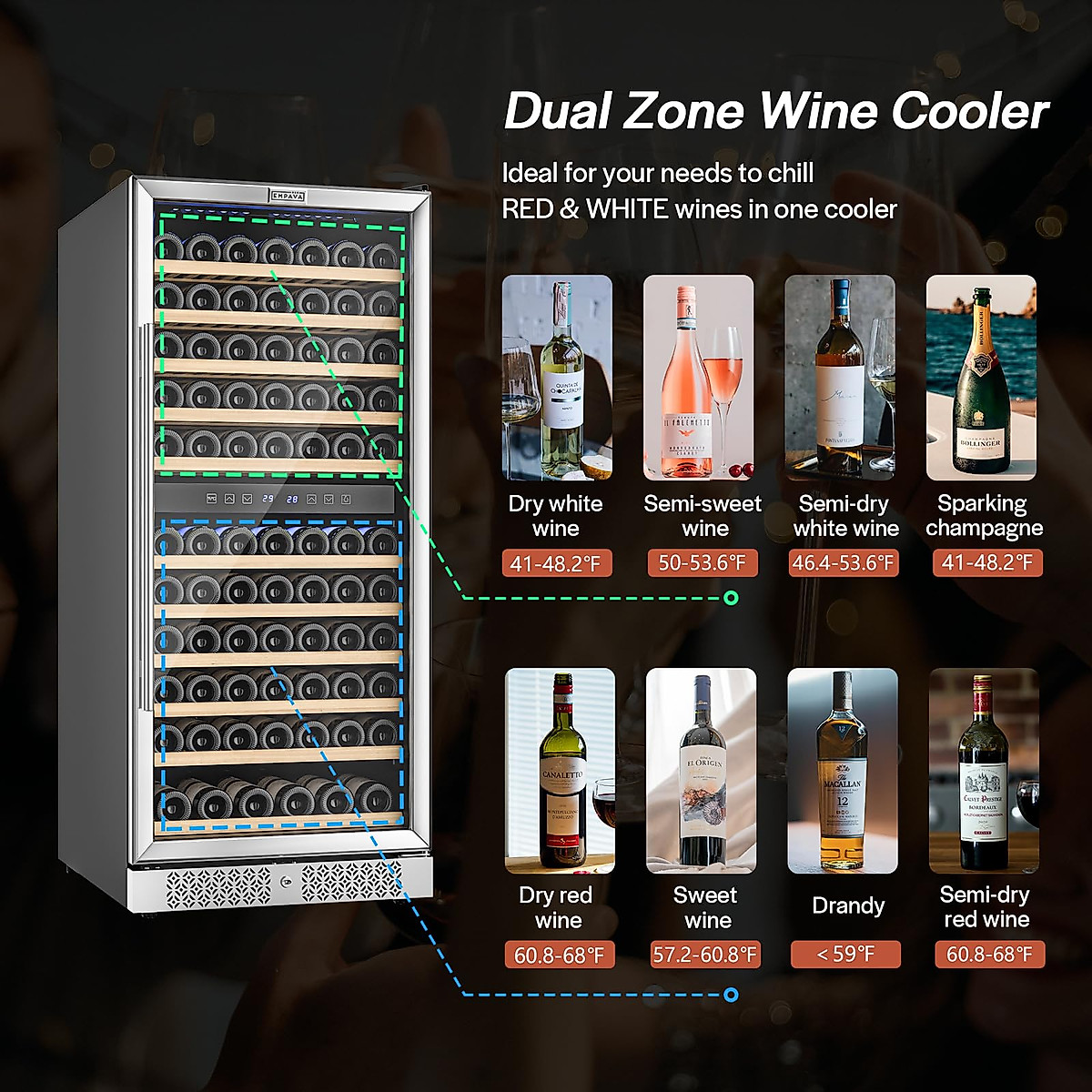 Empava Fridge Cooler Enthusiast Wine Refrigerator, 116 Bottles Dual Zone, Stainless Steel
