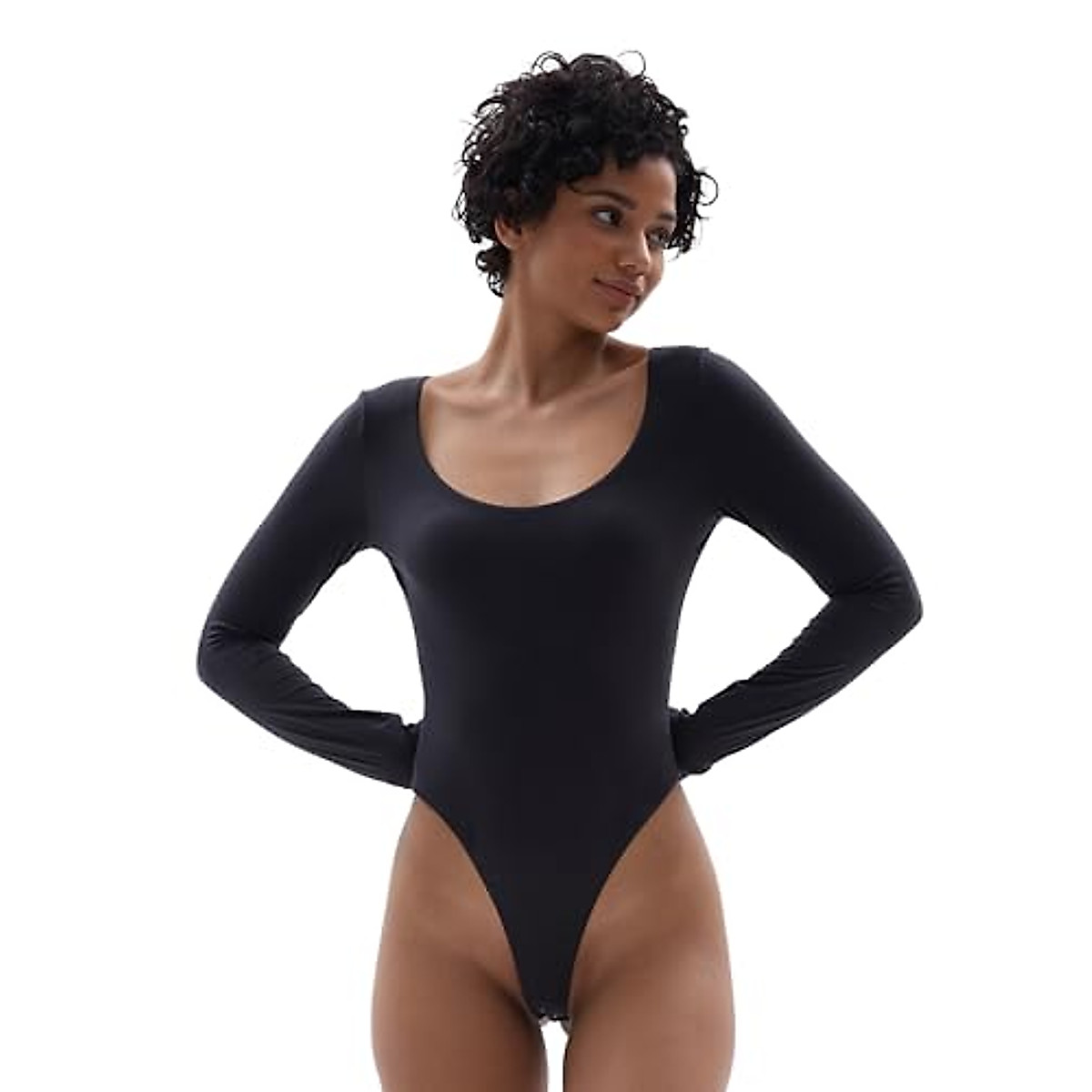 SHAPERX Women's Long Sleeve Scoop Neck Bodysuit Fits Everybody Soft Body Suits Tops, SZ5260-Black-M