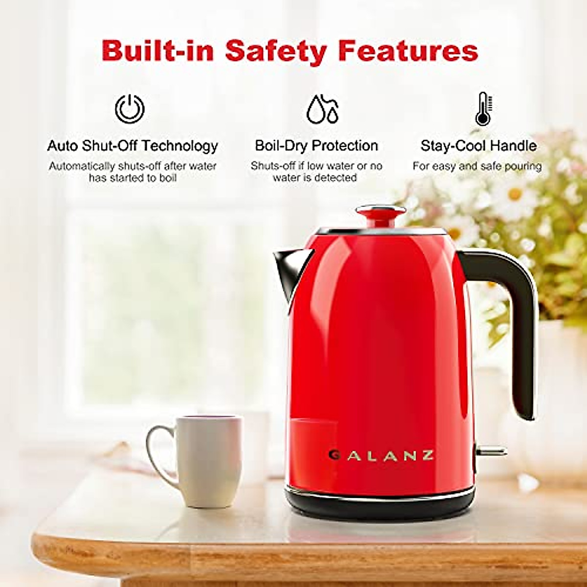 Galanz Retro Electric Kettle with Heat Resistant Handle and Cordless Pour, Quick Hot Water Boil, Boil-Dry Protection, Automatic Shut-Off, 1.7 L, Red