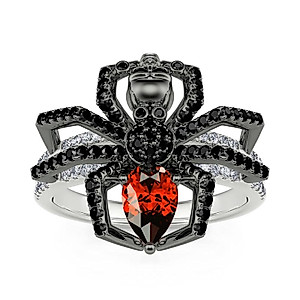 Jeulia Spider Skull Biker Black Ring Women Men Halloween Tone Pear Cut Sterling Silver Red Diamond Band Rings Black Plated Promise Rings with Jewelry Gift Box for Men(Black, 11)