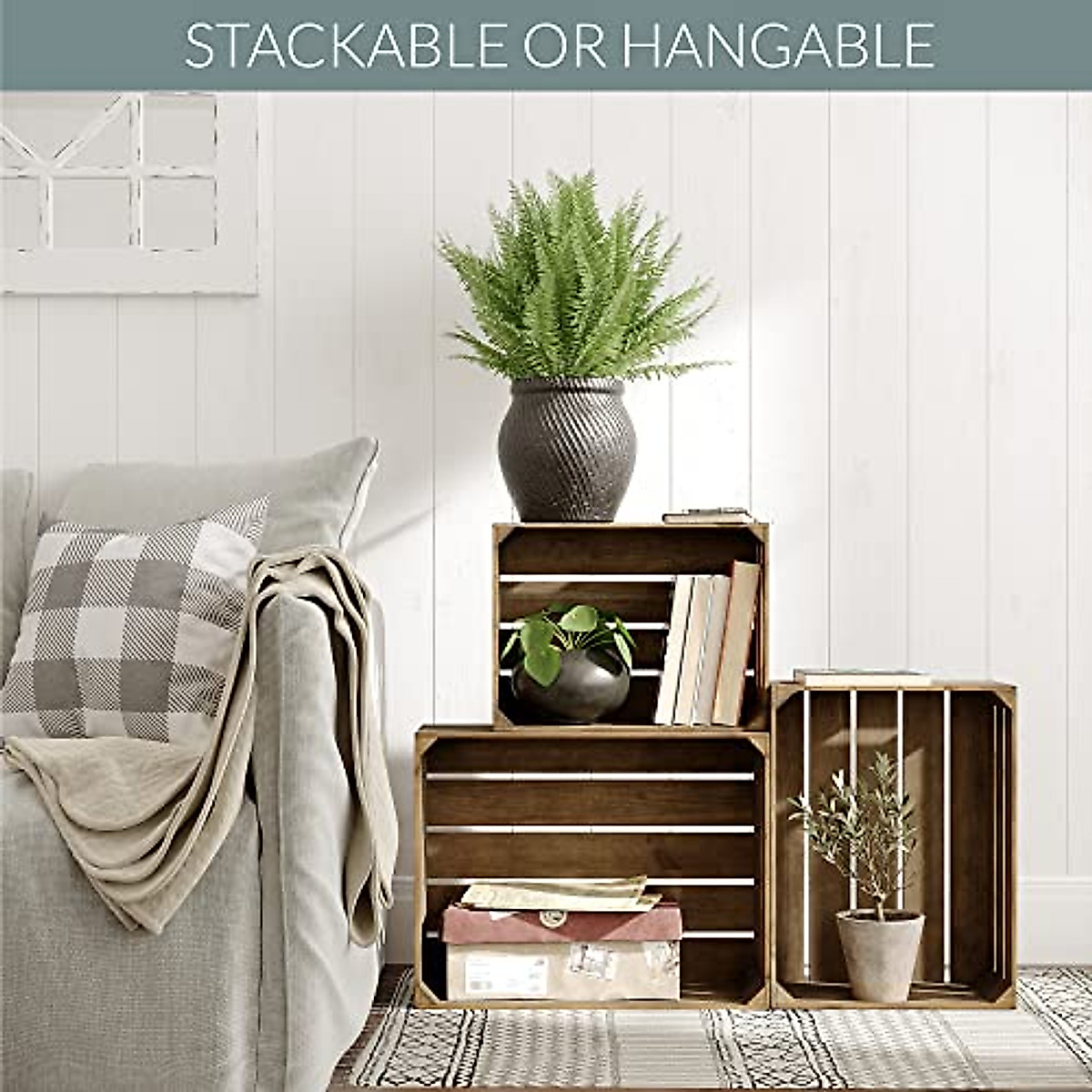 Wood Crates Set of Three - Decorative Large Nesting Rustic Wooden Crates for Storage, Display, Decor, Boxes - Stackable or Mountable Wooden Crate for Photography - Wooden Crates for Decoration - Wood Crate Bulk (Brown) by Barnyard Designs