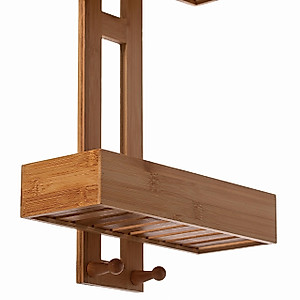 Basicwise Bathroom Multi-function Natural Bamboo Storage Rack Over Shower Head Organizer, Shower Ball, Shampoo, Conditioner, Soap Holder