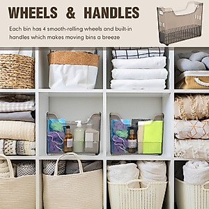 Baderke 4 Pcs Freezer Organizer Bins with Wheel Gray Plastic Narrow Storage Containers for Fruit (10 x 13.3 x 3.5'')