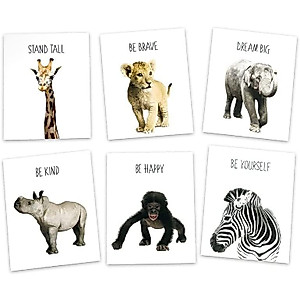 FUNNY PARTY PIECES Set of 6 Safari Animal Prints - Nursery Bedroom Decor For Children Baby, Nursery Wall Art - Jungle Safari Decor - Cute Prints With Inspiring Messages