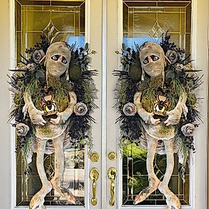 2023 New Halloween Mummy Wreath for Front Door,Halloween Decor Rose,Spiders and Lanterns Sign,Black and White Front Door Wreath Porch Decor, Wall Halloween Indoor Outdoor Decoration