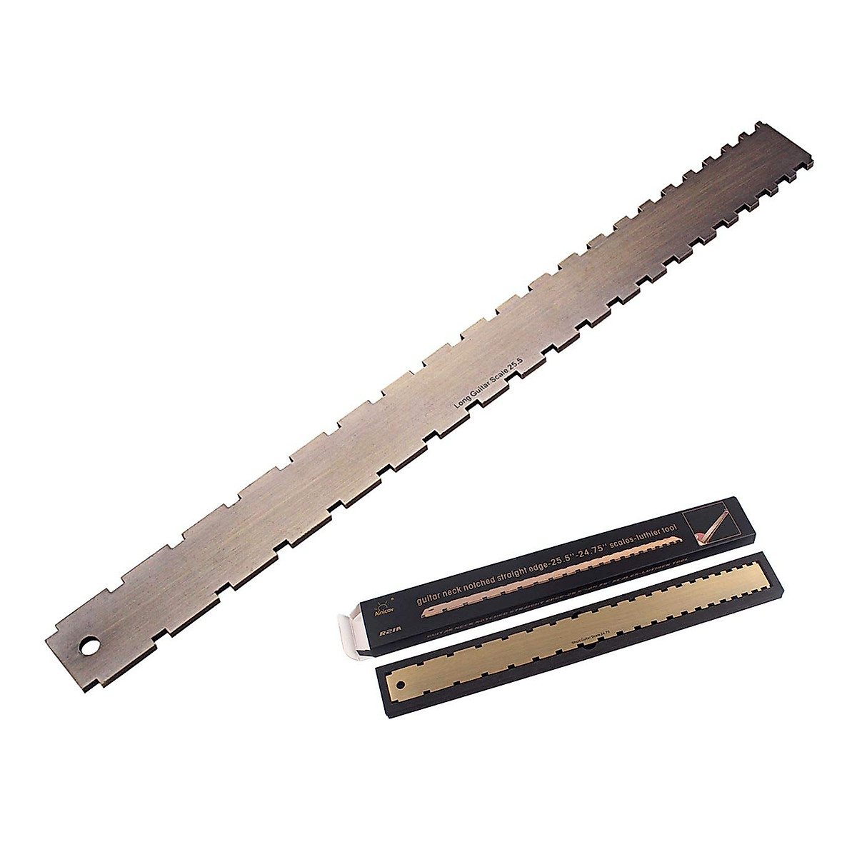 Notched Guitar Neck Straight Edge, Dual-scale Guitar Repair Tool for Scale Length 24.75in and 25.5in, Aluminium Guitar Fretboard Leveling Kit,Guitar Maintenance Tool for Luthiers, Bronze