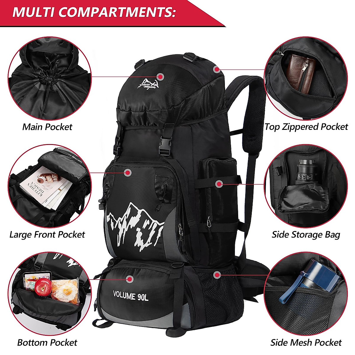 90L Hiking Backpack, Camping Travel Backpack with Rain Cover Lightweight Travel Daypack for Climbing Camping Touring (Black)