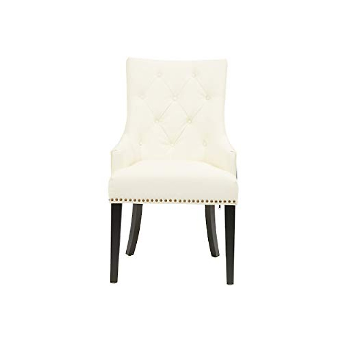 Iconic Home Cadence Dining Side Chair Button Tufted PU Leather Velvet Polished Brass Nailheads Espresso Finished Wooden Legs, Navy – White, Modern Transitional