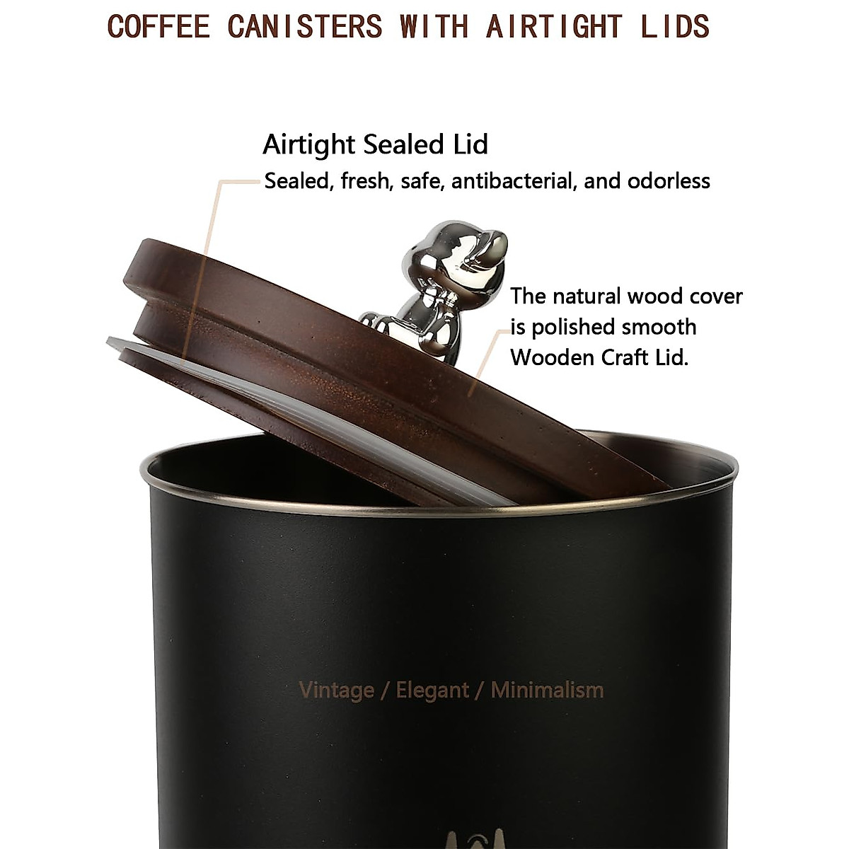 Walktosun Coffee Canisters Airtight Food Storage Container with Wooden Lid Seal Coffee Canisters Stainless Steel Jar with Scoop for Tea, Brown Sugar, Flour (1400ML,Black With Spoon)