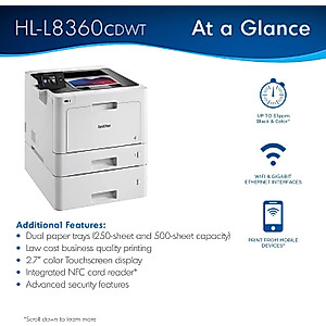 Brother Color HL-L8360CDWT Business Wireless Single-Function Laser Printer - Print Only - 2.7" Touchscreen, 33 ppm, 600 x 2400 dpi, 1GB Memory, Auto Duplex Printing, Dual Trays, NFC, Ethernet, Cbmoun