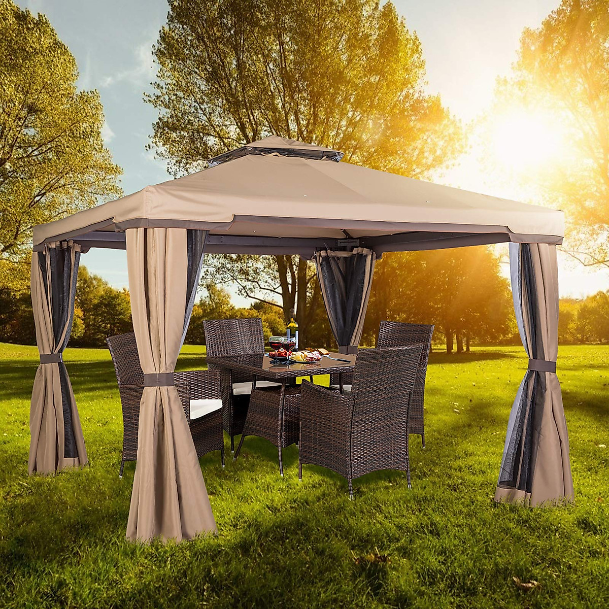 SUNCROWN 10 x 10 FT Outdoor Gazebo for Patio Iron Frame Garden Permanent Gazebo with Vented Soft Canopy and Mosquito Netting, Brown