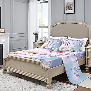 YIYEA Floral Queen Sheet Set - 1800 Thread Count Brushed Microfiber Floral Bed Sheets for Queen Size Bed - Extra Soft, Deep Pocket, Shrinkage and Fade Resistant - 4 Piece Set (Queen)