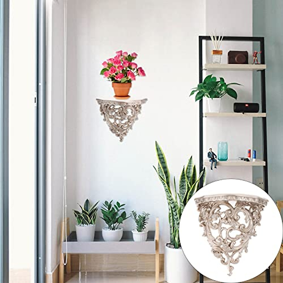 DOITOOL 1PC Resin Floating Wall Shelf Wall Mounted Decorative Display Wall Organizer Retro Hollow Flower Carving Wall Art Decoration Flower Pot Stand Champagne Gold