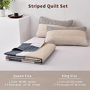 Dinjoy Grey Boho Quilt King Striped Khaki Bedspread Lightweight Boho 3 Pieces Reversible Quilt Set Micofiber Farmhouse Quilt Set with 2 Pillowcases for All Seasons Fall (Gray Striped Quilt)