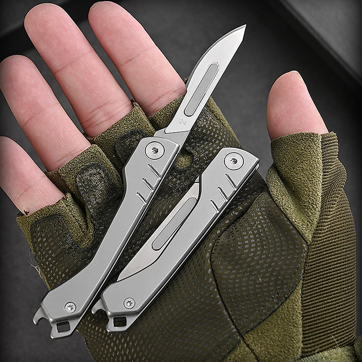 Folding Scalpel Knife with 10pcs #24 Replaceable Blades, Small Pocket Knife for Men with Bottle Opener, EDC Utility knife, Slim Razor Knife, Surgical Keychain Knives for Outdoor Skinning (Grey)