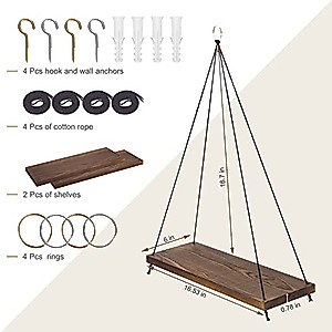 Hanging Shelves Wall Decor Wood Hanging Shelf with Metal Hooks Set of 2 Farmhouse Rustic Floating Shelving for Bedroom Bathroom Living Room Hanging Plant Shelf with Boho Cotton Rope