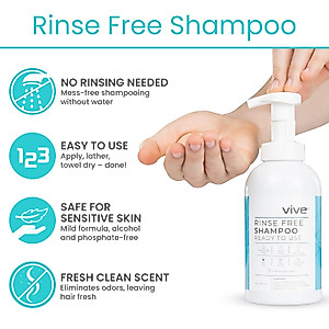 Vive Rinse Free Shampoo (4 Pack) - 16 Ounce Waterless Foam Wash For Elderly, Bedridden Patients, Women, Men - No Water Shower Cap Alternative For Washing Sensitive Skin - For Hospital, Camping, Hiking