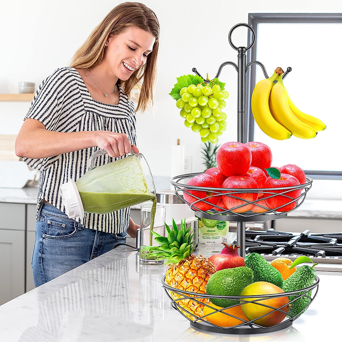 PT COVER Fruit Basket - 2 Tier Fruit Bowl with Banana Hanger for Kitchen Counter Fruit Holder - Elegant Black