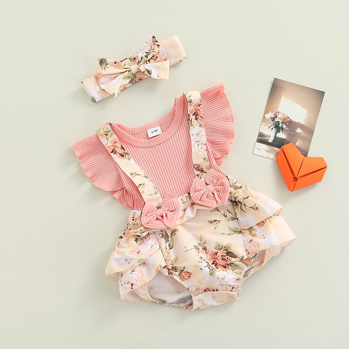 Douhoow 0-18M Newborn Baby Girls Outfit Infant Summer Fly Sleeve Floral Bow Romper +Headband 2pcs /Set (Pink, 3-6 Months)