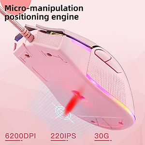 MOTOSPEED V70 USB Wired Gaming Mouse,DPI 6400 ZEUS6400 Optical Sensor,Chorma RGB Backlit,7 Programmable Buttons，Ergonomic PC Gaming Mouse for Laptop, PC, Mac(Pink)