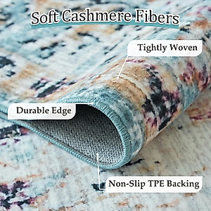 VK VK·LIVING Machine Washable Rug 4'x6' Vintage Design Washable Area Rugs with Non Slip Rugs for Living Room Bedroom Traditional Woven Rug Carpet Stain Resistant Dining Home Office Boho Rug,Cyan&White