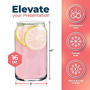 Can Shaped Drinking Glasses 16 oz - 6 Pack Beer Can Glass Cups Set, Clear Pint Beer Glasses for Soda, Water, Iced Coffee, Whiskey, Cocktails, Unique, Aesthetic Kitchen Drinkware, Dishwashable - 16oz