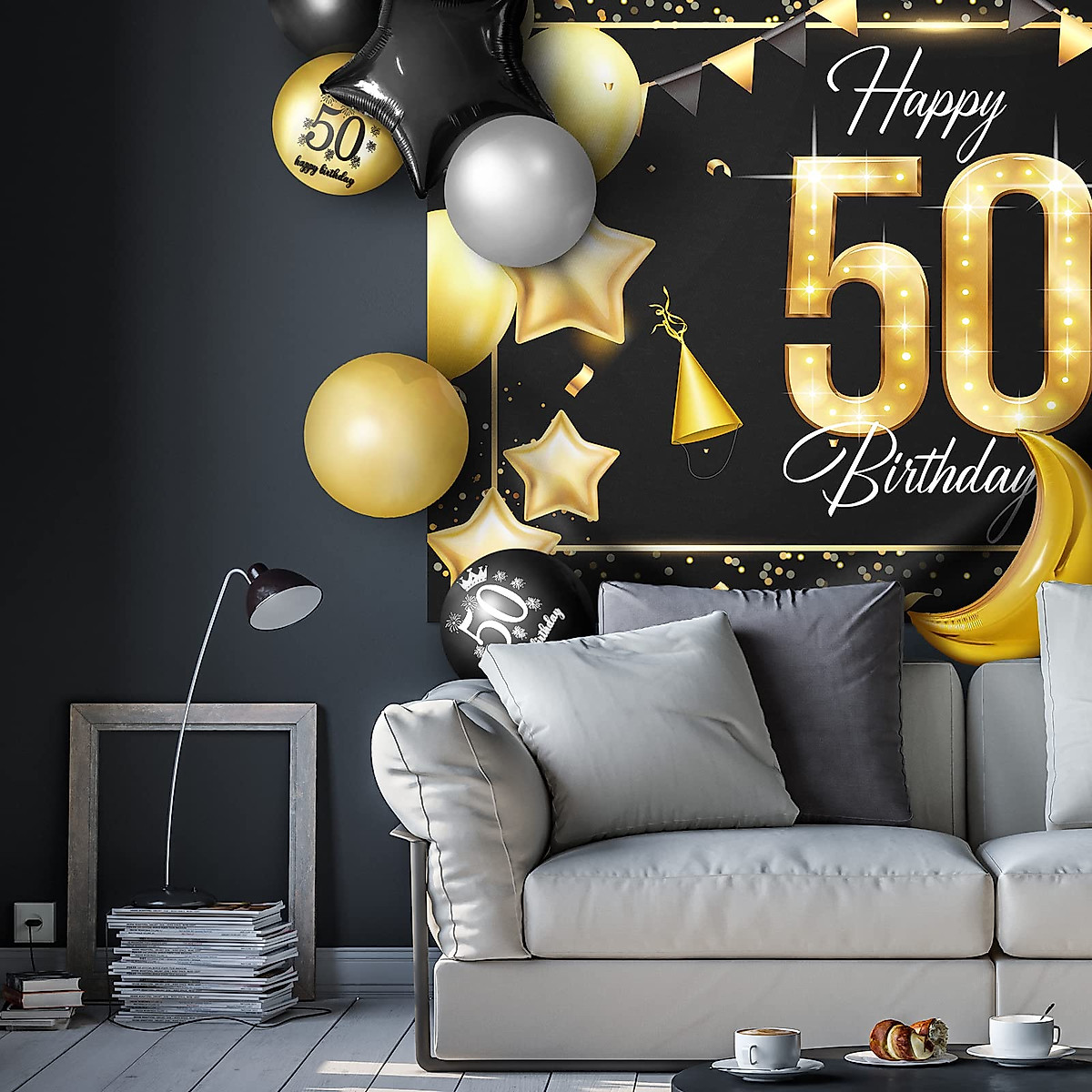Happy 50th Birthday Balloons Gold Set Decor - Cheers to 50 Years Old Party Theme Garland Star Moon Banner Backdrop Decorations For Women and Men Supplies