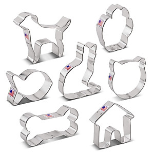 Pet Cookie Cutters 7-Pc. Set Made in the USA by Ann Clark, Paw Print, 4" Bone, Labrador, Cat Face, Curled Cat, and more