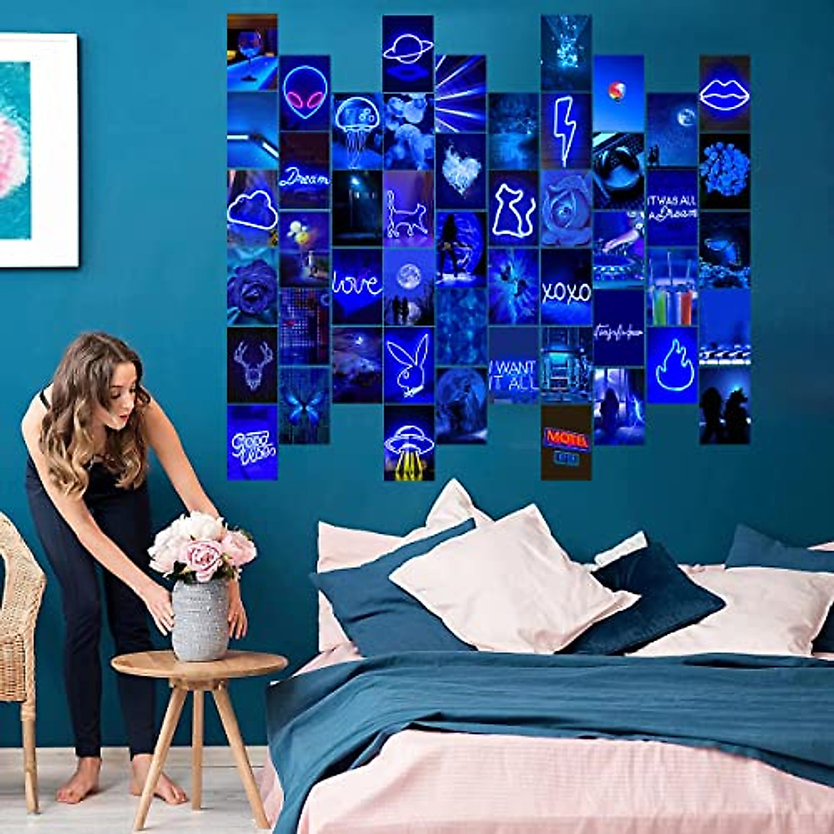 Blue Neon Wall Collage Kit Aesthetic Pictures, 50PCS Room Decor Indie Aesthetic for Teen Girls Boys Bedroom Wall Posters, Mysterious Photo Dorm Decorations, Blue Aesthetic Wall Images with 4x6''