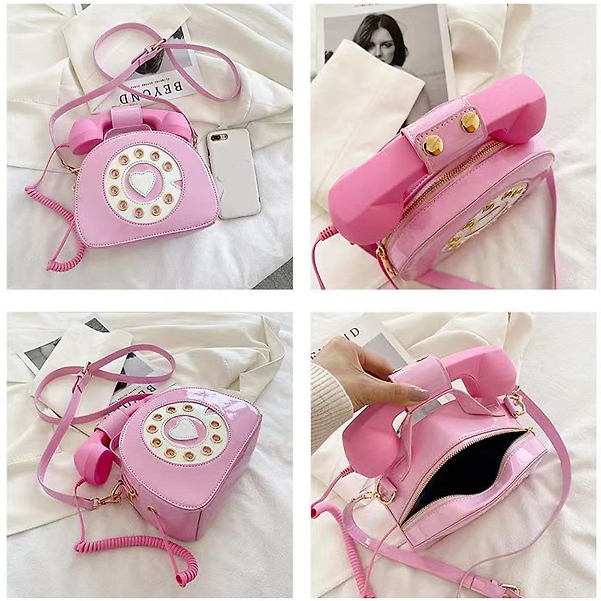 Fozehlad Novelty Telephone Shaped Shoulder Bag Funny Retro Phone Crossbody Bag Totes Chain Purse(Patent Leather,Pink)