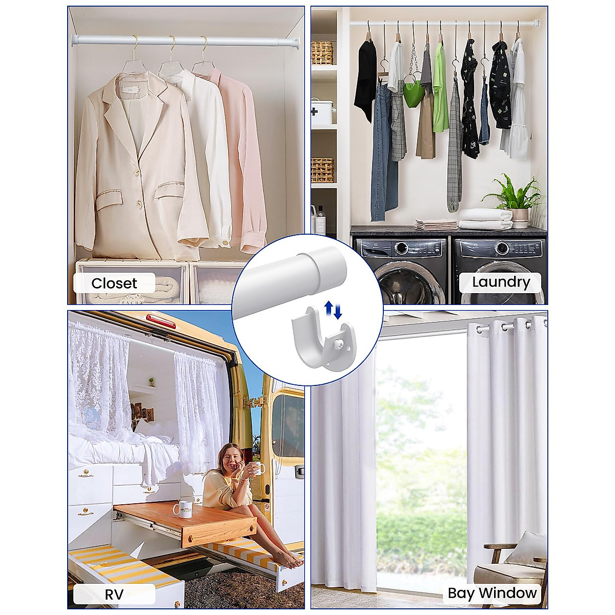 Closet Rods for Hanging Clothes, 17 to 99 Inches Stepless Adjustable Metal Closet Rod, 1.3 Inches Heavy Duty Clothes Hanging Rod for Closet Wardrobes Laundry RV