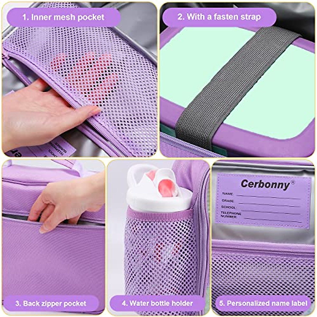 Cerbonny Kids Lunch Box Insulated Kids Lunch Bag for School with Adjustable Shoulder Strap&Bottle Holder,Girls Lunch Box with Durable Zipper Pockets ,Keep Food Cold&Warm for Long Time, Crystal Purple